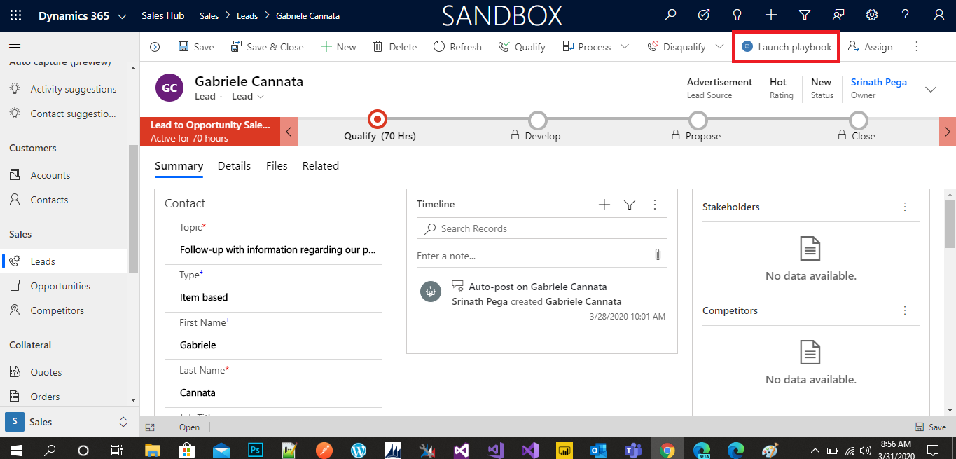 Use Playbooks in Microsoft Dynamics 365 Customer Engagement – Srinath Pega