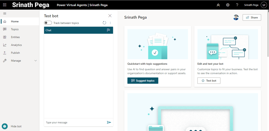 Power Virtual Agent bot Creation and Deploy – Srinath Pega